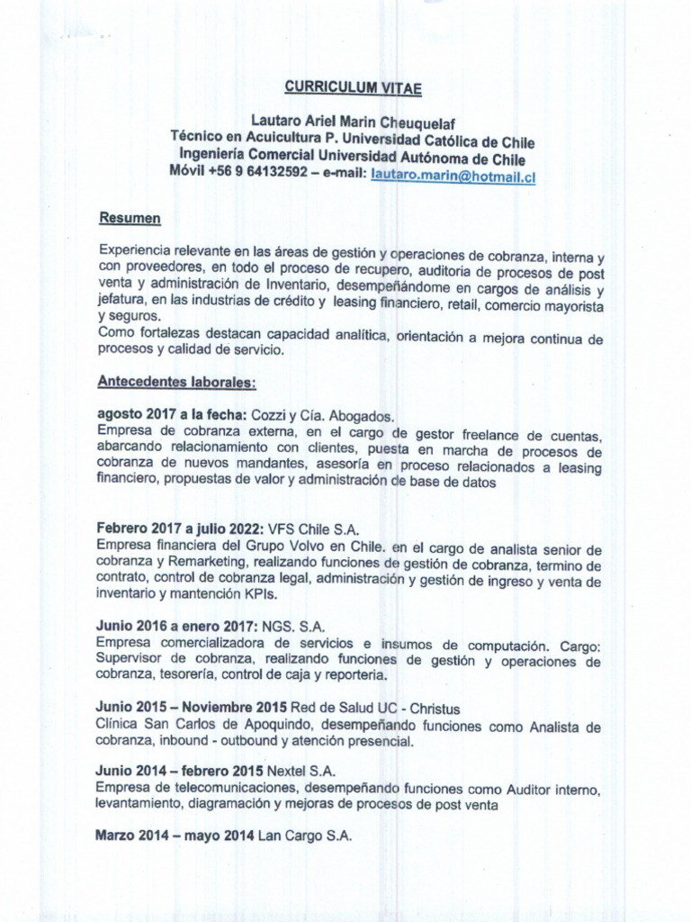 Currículum Vitae Lautaro Marín Ch. | PDF