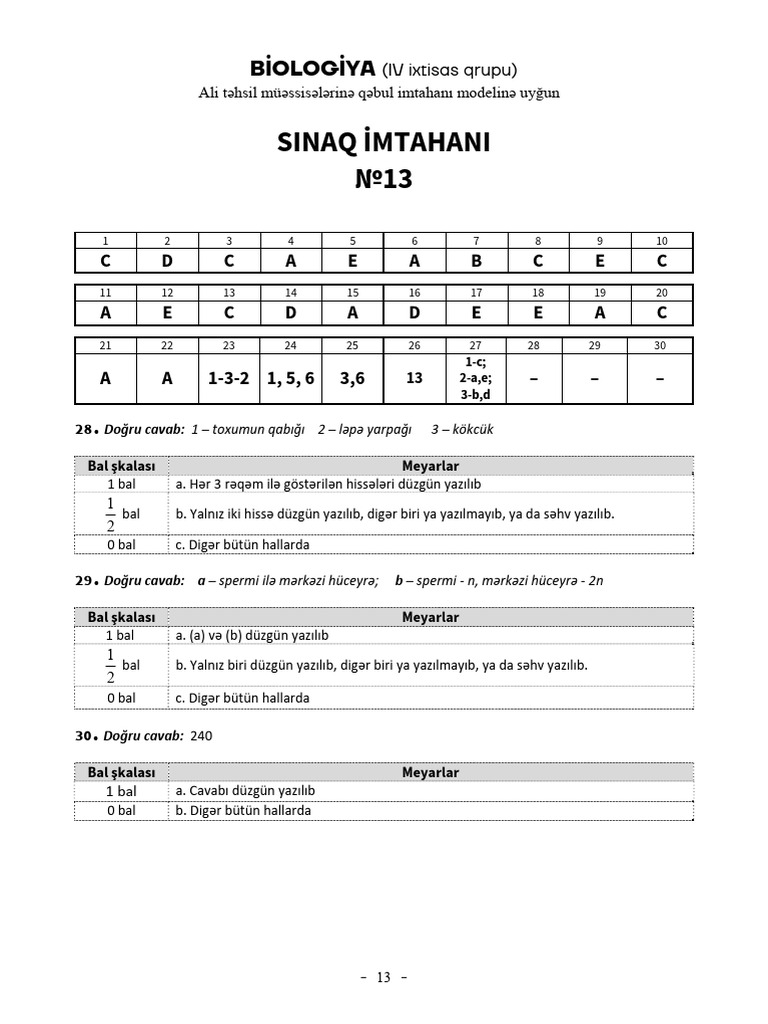 Biologiya Qrup 4 AZ Sinaq 13 | PDF