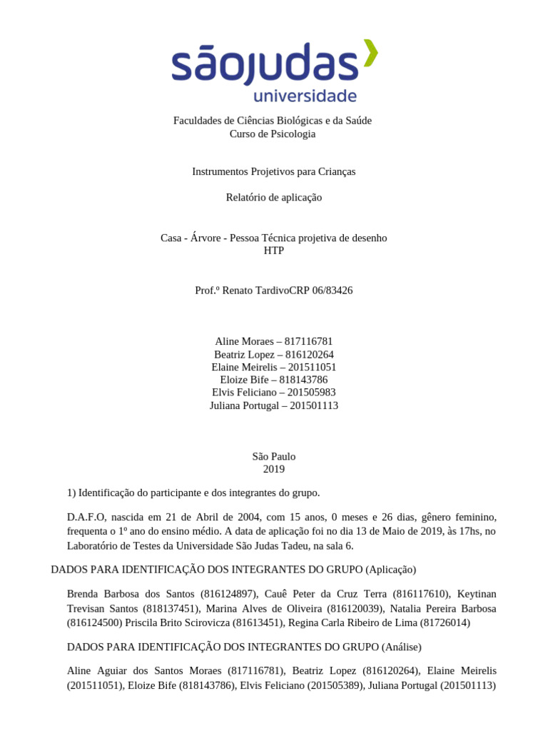 Relatório Oficial Htp | PDF | Desenho | Atitude (Psicologia)