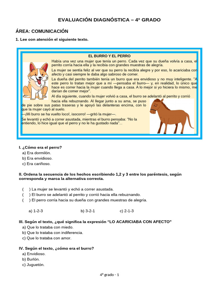 Evaluación Diagnóstica 4° Grado Comunicación | PDF | Digestión ...