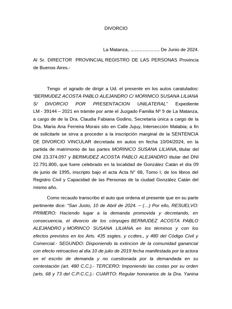 Oficio Inscripcion Divorcio | PDF | Divorcio | Justicia