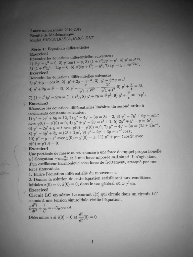 TD MATH 1 (Equations Différentielles) | PDF
