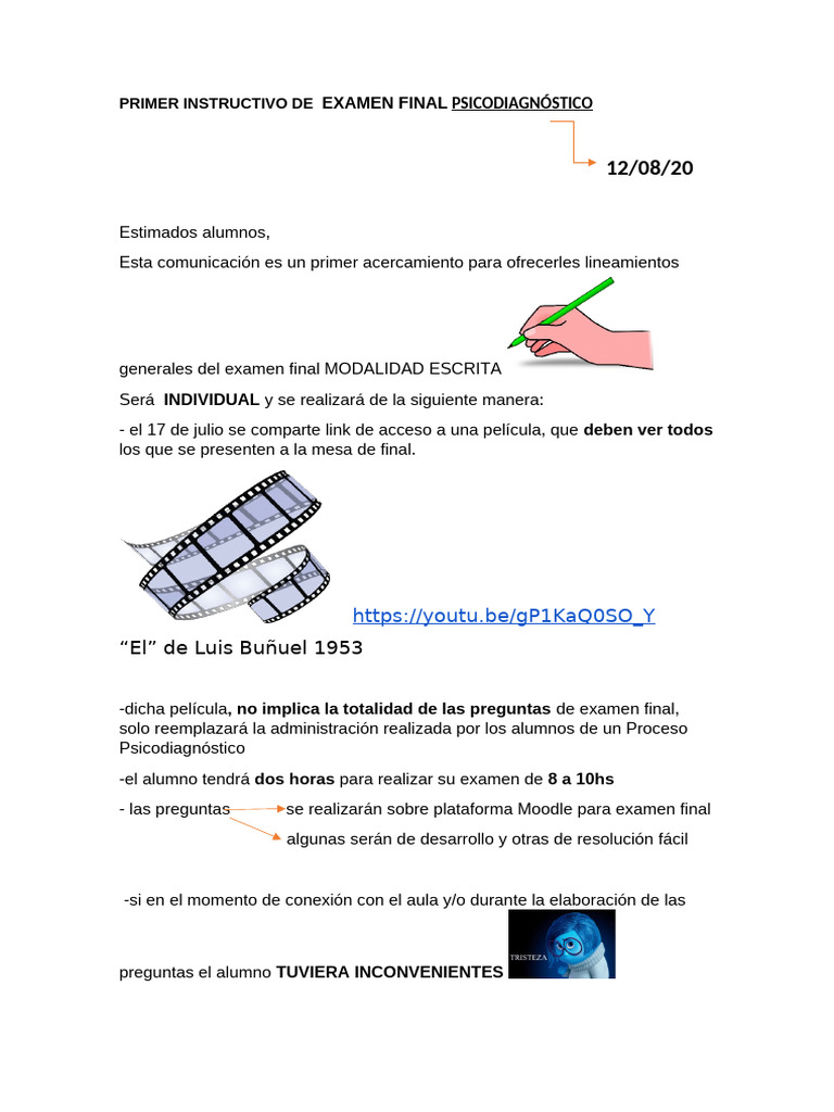 Instructivo de Examen Final 12-8-2020 Psicodiagnóstico | PDF