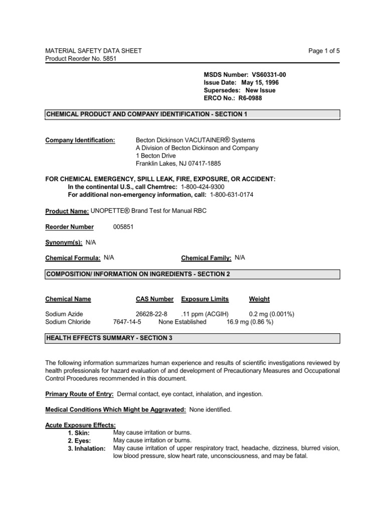 BD RBC Unopette Sodium Azide and Sodium Chloride SDS MSDS PDF 5 Pages ...