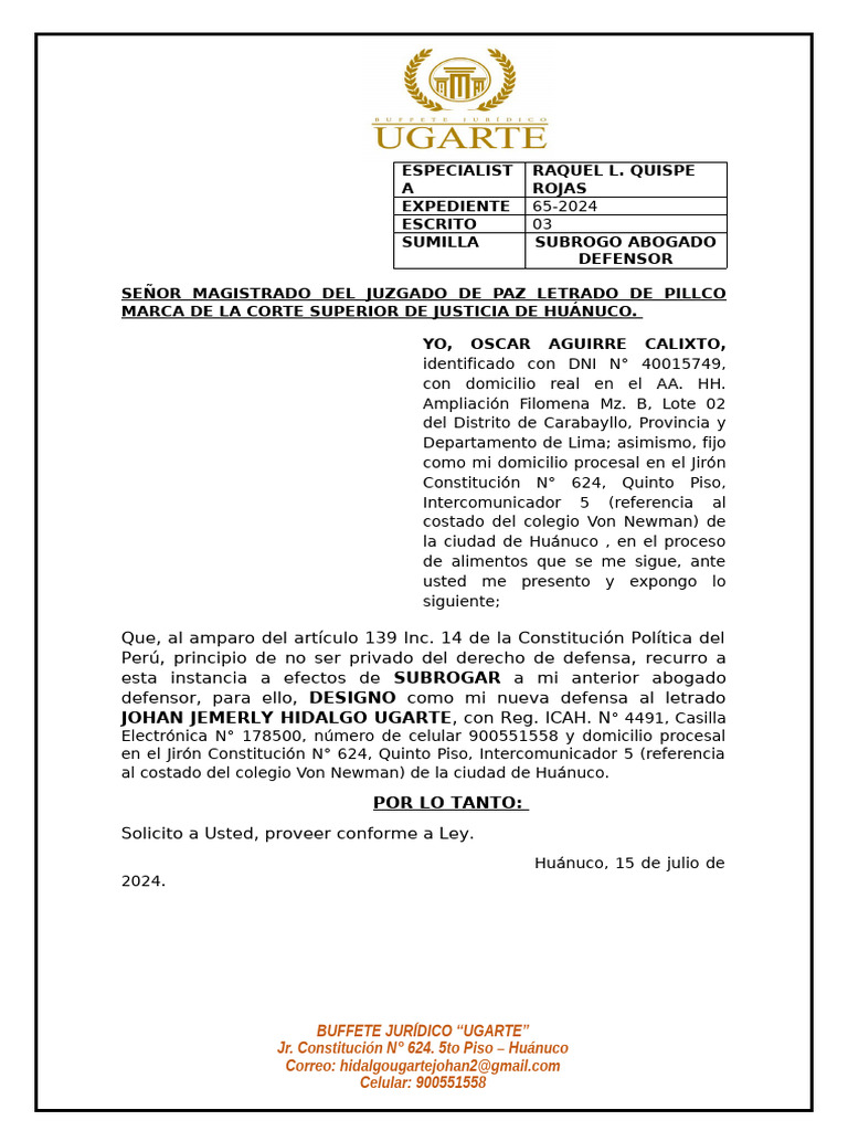 Escrito Subrogo Abogado Defensor | PDF