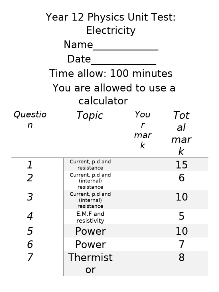 Year 12 Physics Electricity Test | PDF | Electricity | Metrology