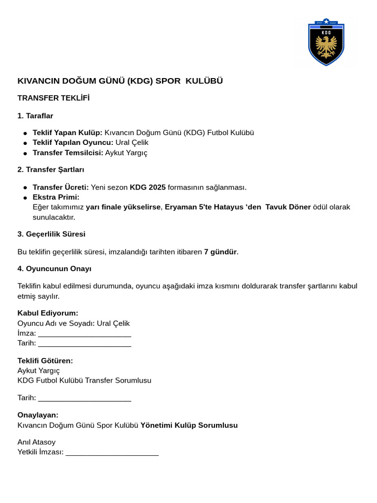 Kivancin Doğum Günü (KDG) Spor Kulübü | PDF