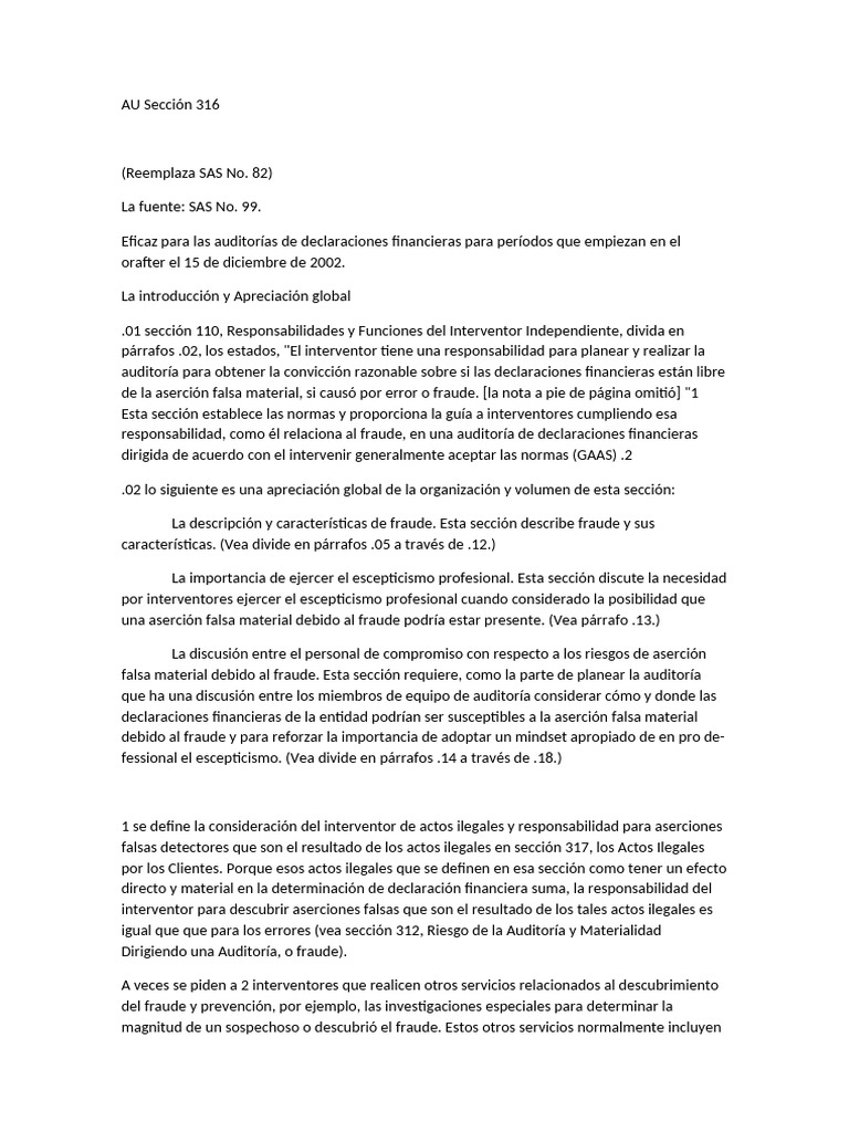 AU Sección 316 SAS 99 TRA | PDF | Auditoría | Fraude