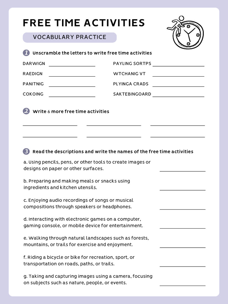 Free Time Activities Vocabulary Practice Printable and Digital ...