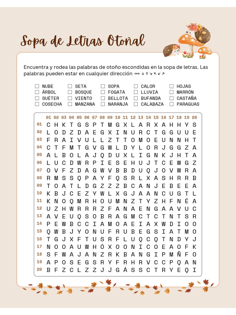 Hoja de trabajo sopa de letras de otoño ilustrado tonos cálidos | PDF ...