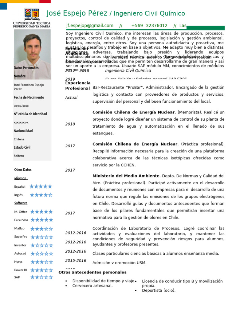 CV Jose F. Espejo Moderno | PDF | Ingeniería Química | Logística