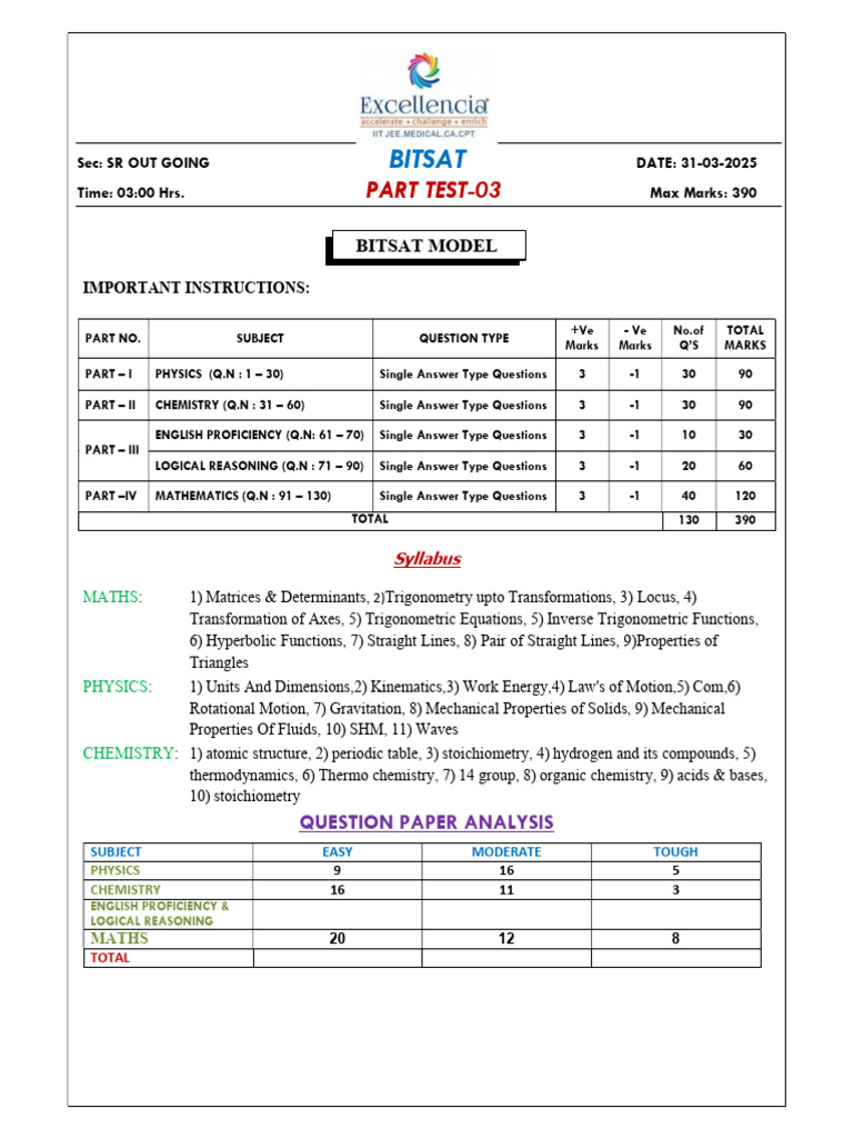 SR Out Going - Bitsat - Model Paper-31!03!2025 - Q.P, Key & Sol | PDF ...