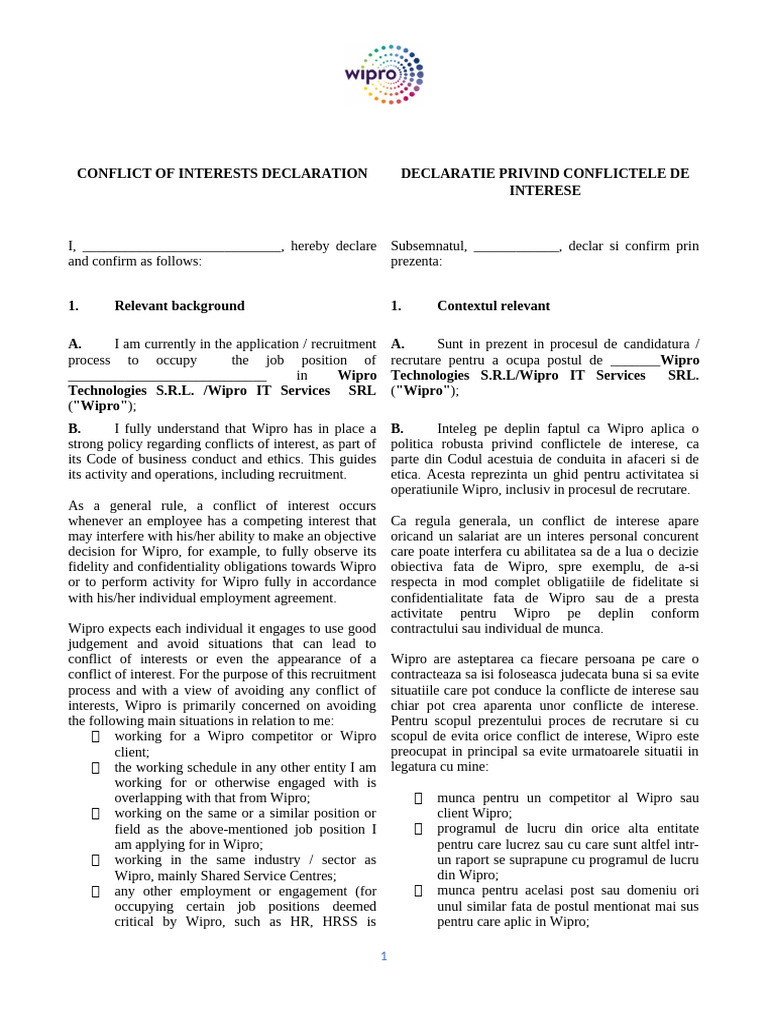 Wipro-Conflict of Interest Declaration-Romania - New | PDF | Business | Justice