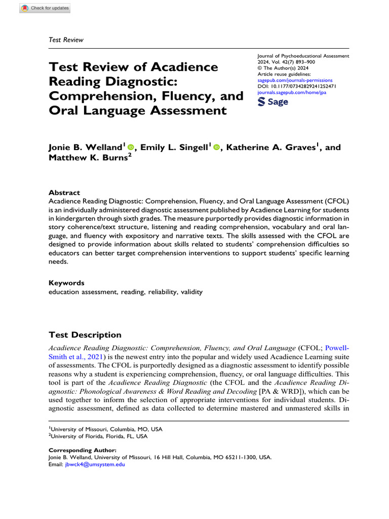Welland Et Al 2024 Test Review of Acadience Reading Diagnostic ...
