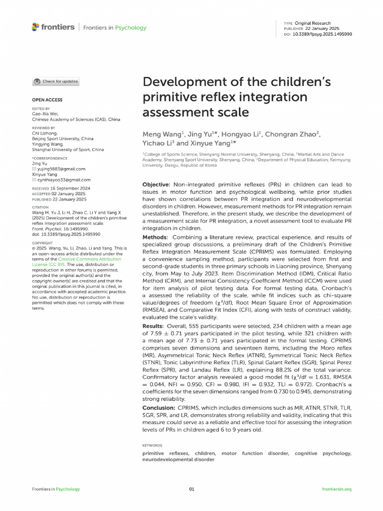 Development of The Children's Primitive Reflex Integration Assessment ...