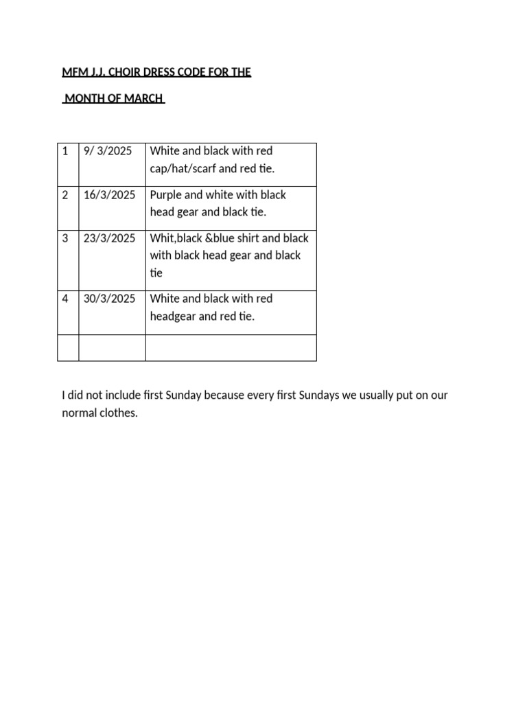 Mfm j.j. Choir Dress Code for March-wps Office | PDF