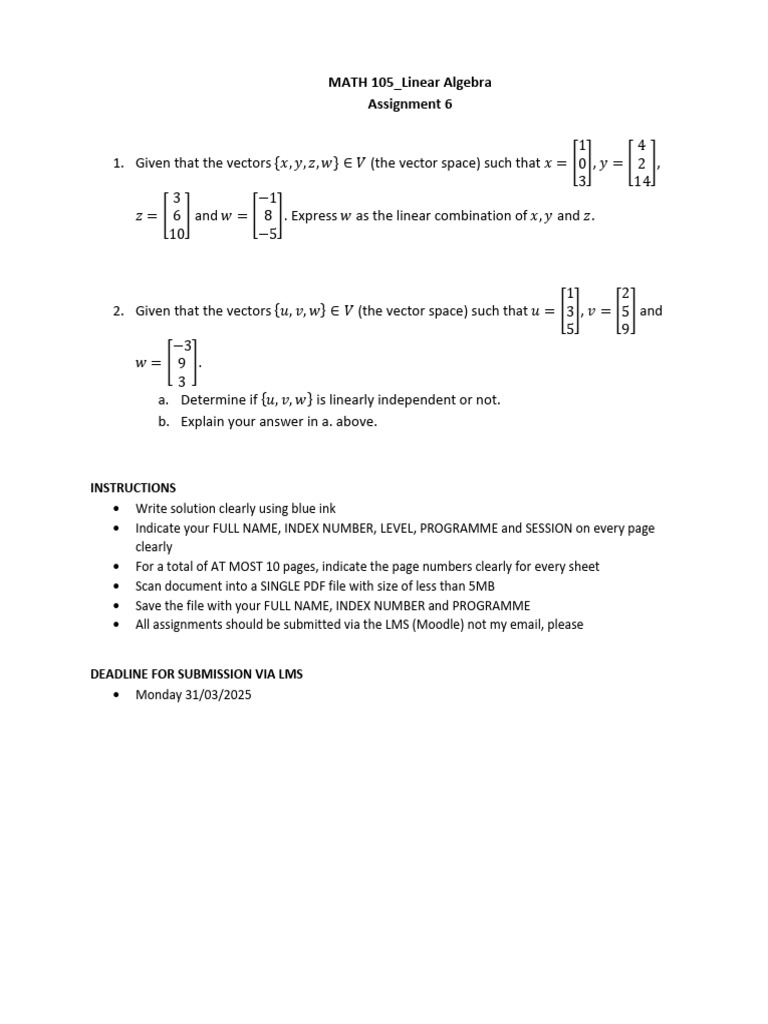 Assignment 6 - MATH 105 - Linear Algebra | PDF
