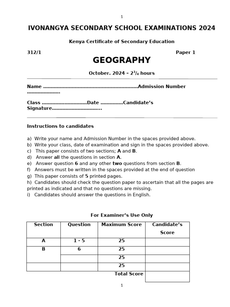 GEOGRAPHY-PP1 Form Three | PDF | Earth Sciences | Geology