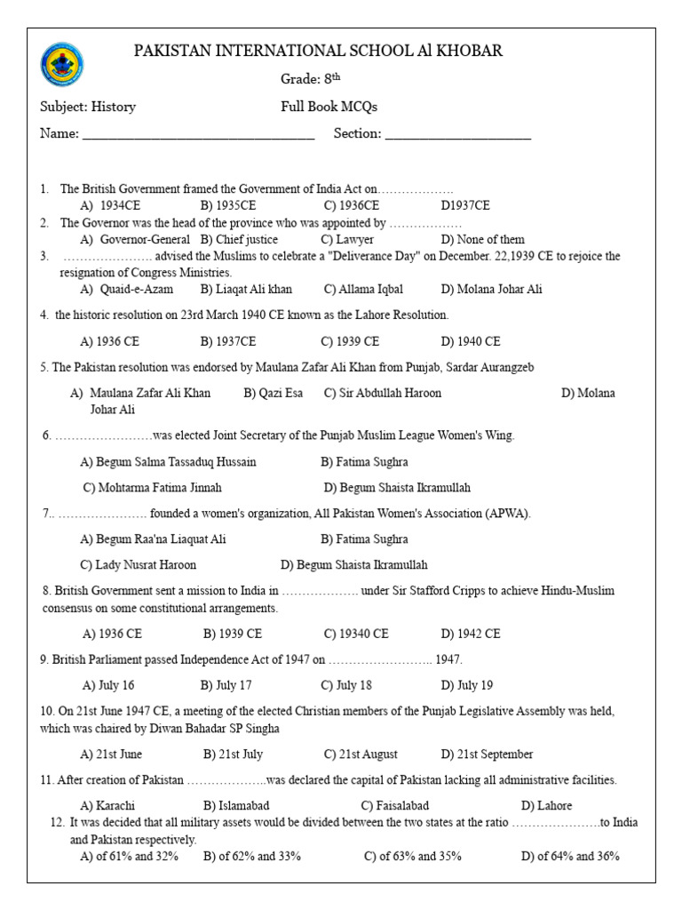 8th Final MCQS Full Book | PDF | Pakistan | Muhammad Ali Jinnah