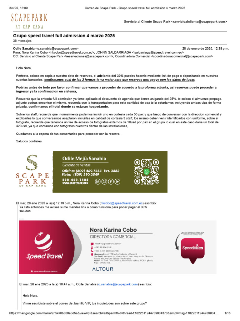 Correo de Scape Park - Grupo Speed Travel Full Admission 4 Marzo 2025 | PDF | Servicios ...