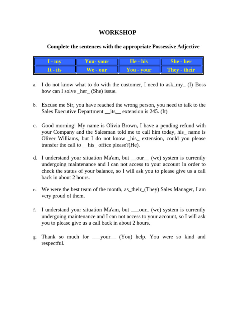 Possessive Adjective Workshop Guide | PDF | Sales