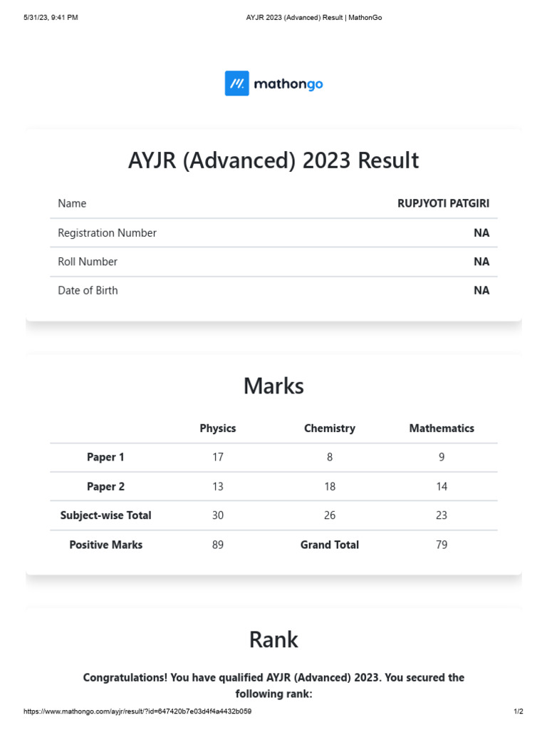 AYJR 2023 (Advanced) Result - MathonGo RUPJYOTI PATGIRI | PDF | Physical Sciences | Physics