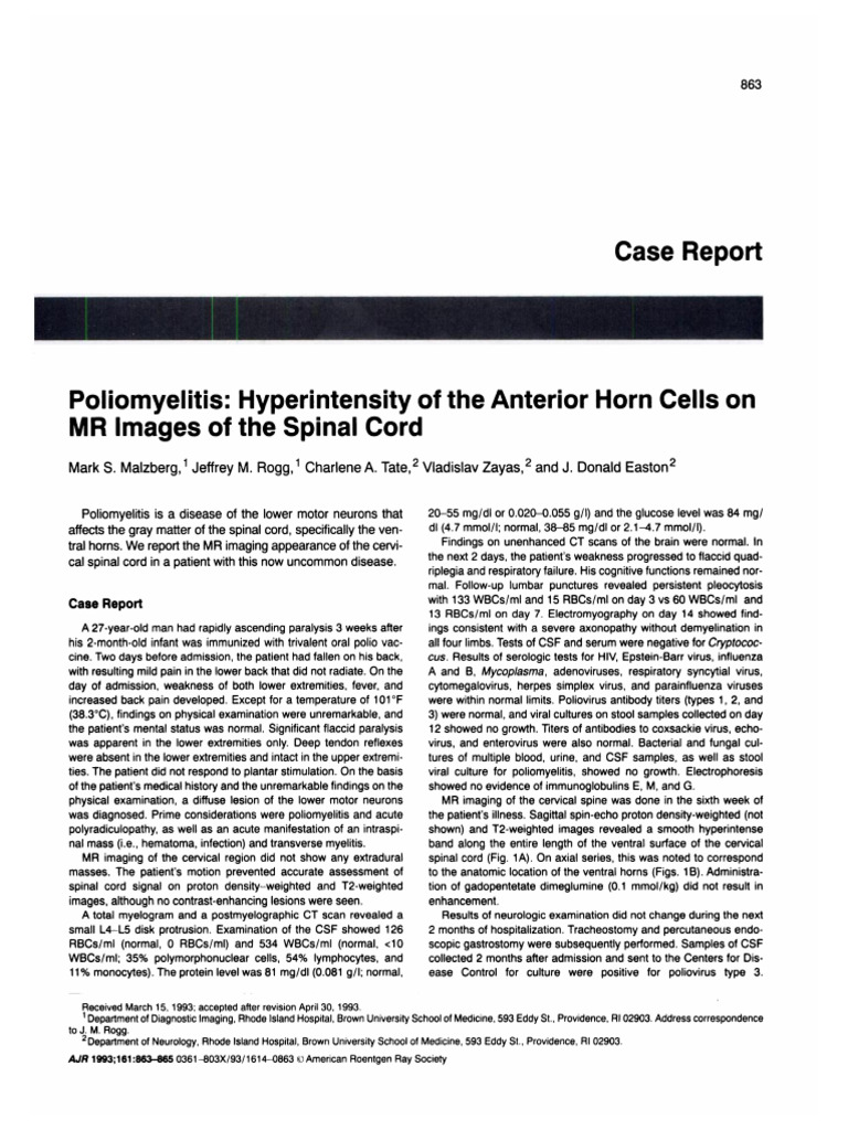 Poliomyelitis. Hyperintensity of The Anterior Horn Cells On MR Images ...