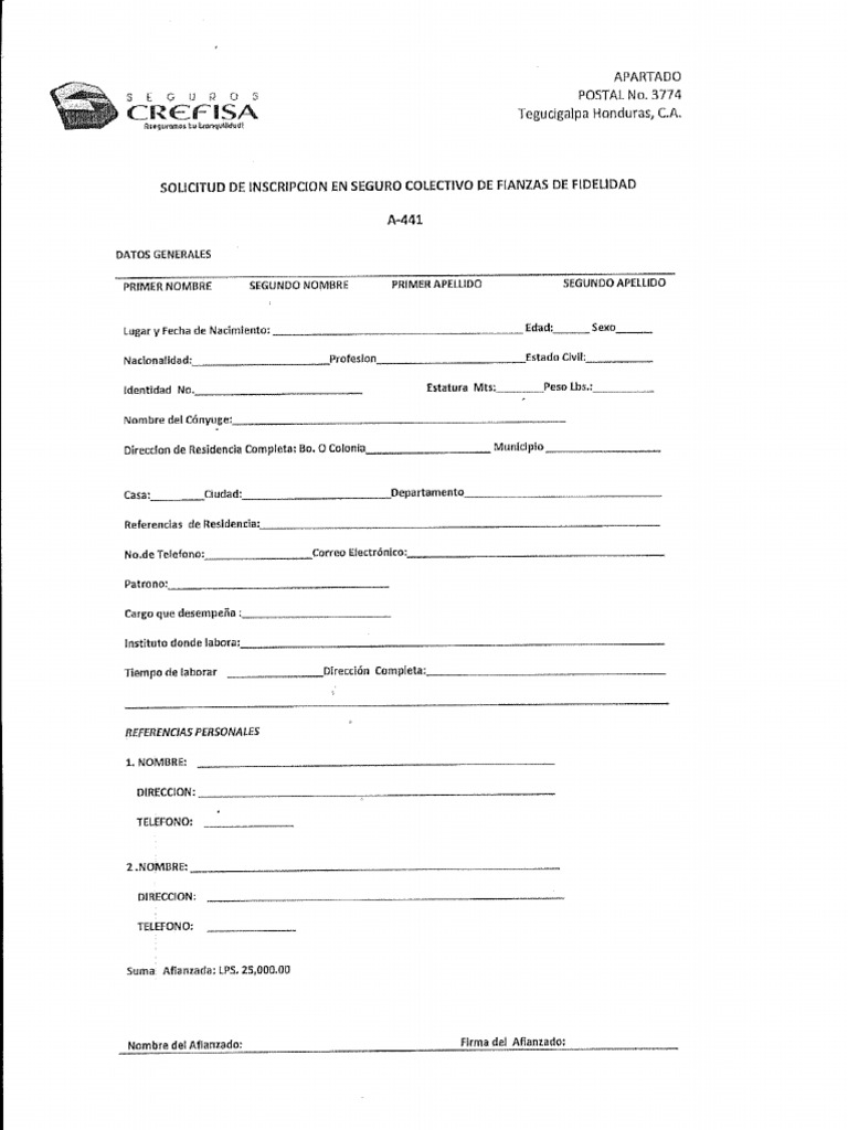 Solicitud de Fianza Seguros Crefisa | PDF