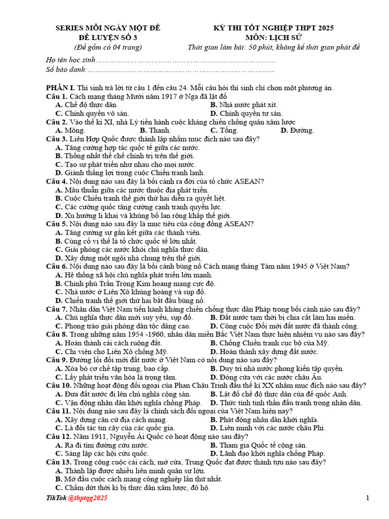 2025 - DE03 - SERIES MỖI NGÀY MỘT ĐỀ - LỊCH SỬ - TikTok@thptqg2025 | PDF