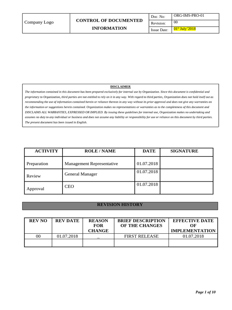 ORG-IMS-PRO-01 Control of Documented Information | PDF | Specification ...
