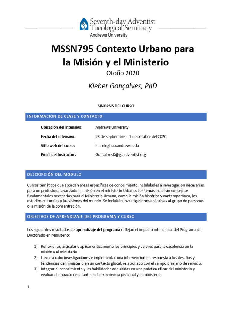2020 - MSSN 795 - Kleber Goncalves (NAD) Ministerio Urbano | PDF | Deshonestidad academica ...