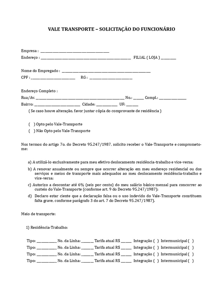 Solicitação de Vale Transporte para Funcionários | PDF