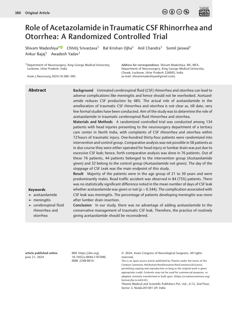 Role of Acetazolamide in Traumatic CSF Rhinorrhea and Otorrhea: A ...