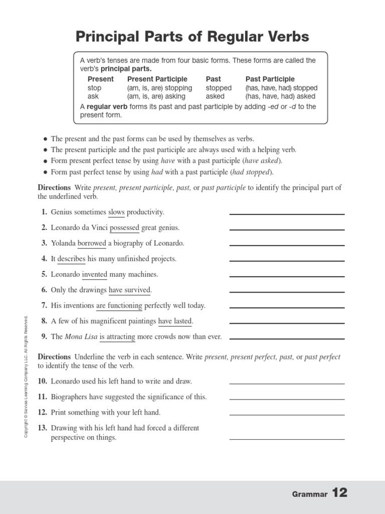 Grammar 12 Principal Parts of Regular Verbs | PDF | Grammatical Tense ...