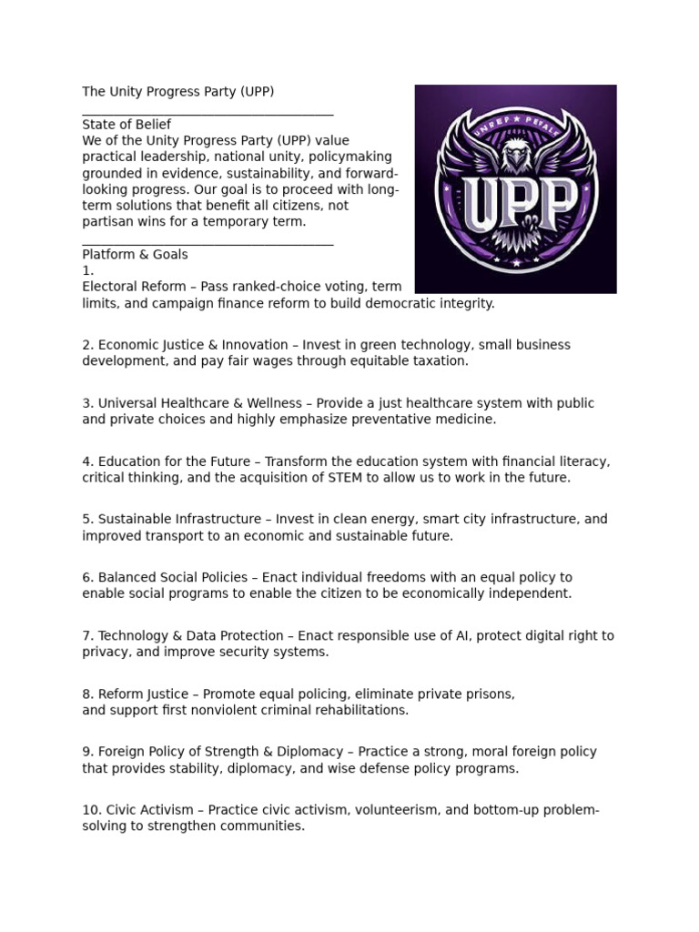 Unity Progress Party: Vision & Goals | PDF | Policy | Civic Engagement