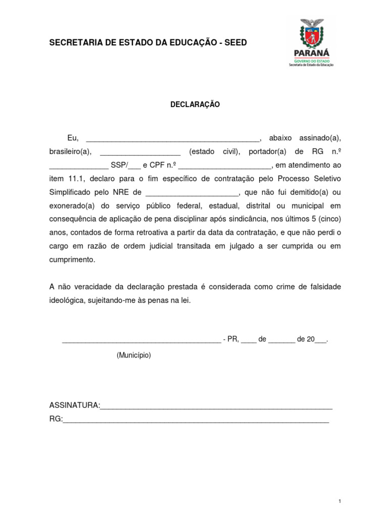 PSS - 2019 - EDITAL N - Declaracao - Nao - Demissao - Serv - Publi | PDF