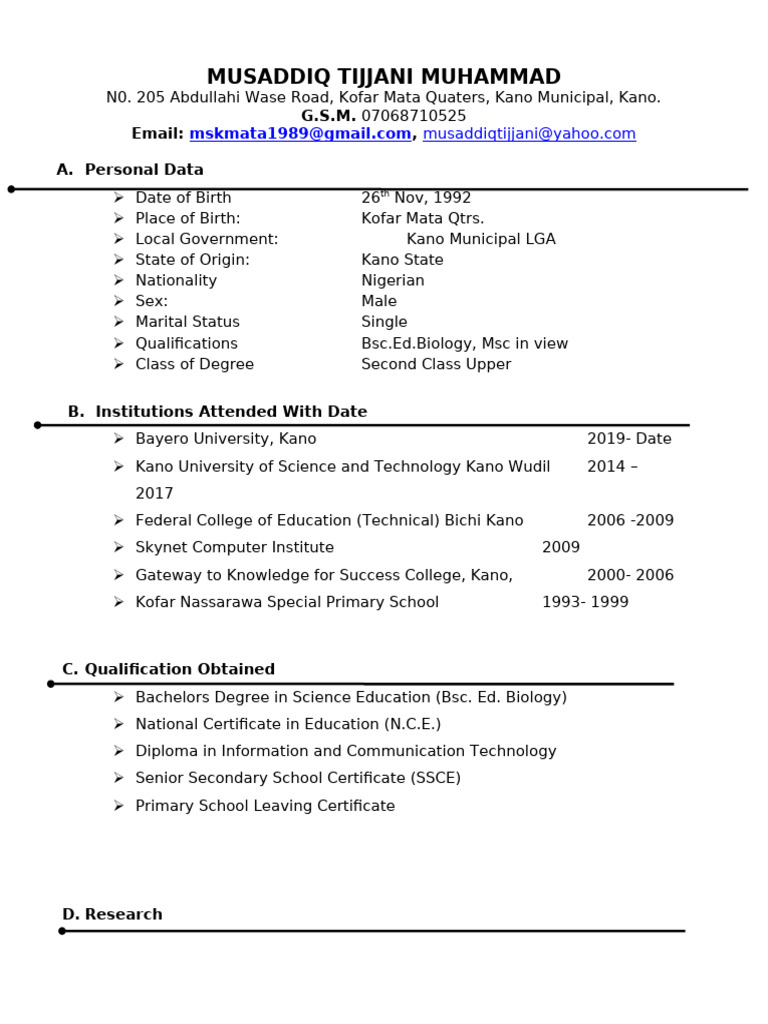 Musaddiq Tijjani Muhammad CV | PDF | Vocational Education | Qualifications