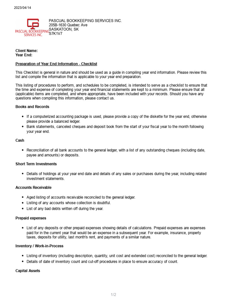 Year End Preparation Checklist | PDF | Accounts Payable | Bookkeeping