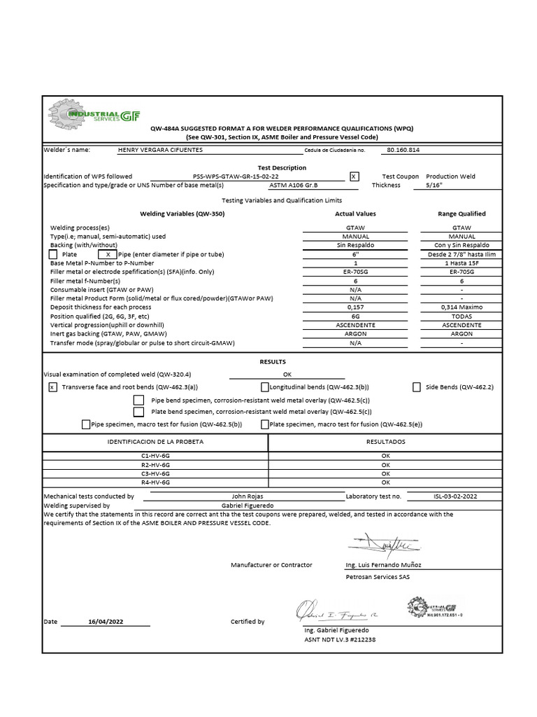 WPQ HV GTAW ASME Secc. IX (PIPE) (1) | PDF | Welding | Construction