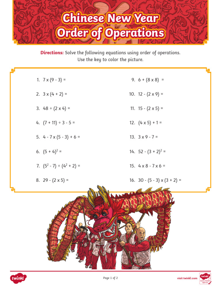 Color Fifth Grade Chinese New Year Order of Operations Coloring Page | PDF