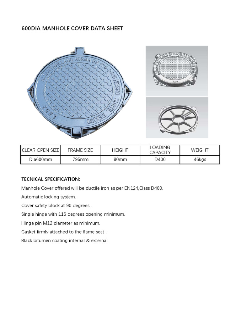 Data Sheet 46KGS 600dia Manhole Cover | PDF