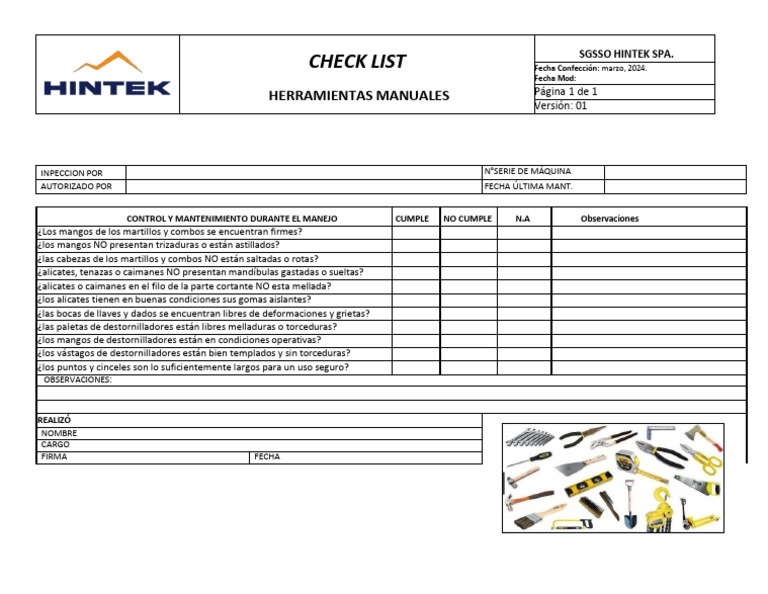 Check List de Herramientas Manuales | PDF