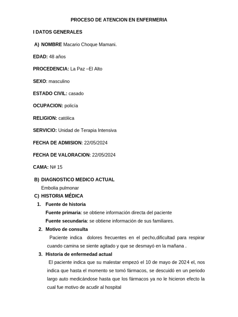 Proceso de Atención en Enfermería: Embolia Pulmonar | PDF | Trombo ...