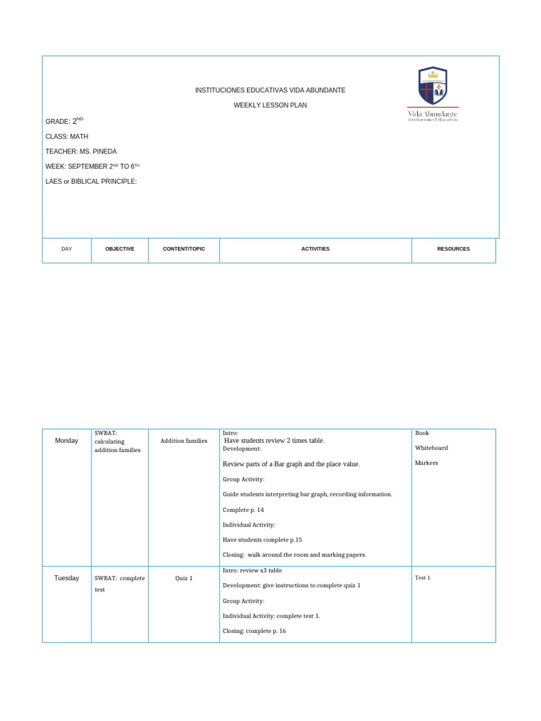 Weekly Lesson Plan September 2nd To 6th | PDF | Learning | Teaching