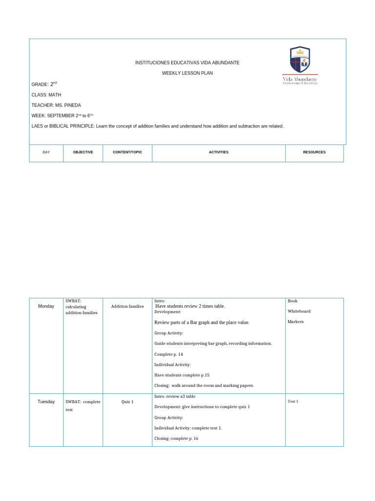 Weekly lesson plan September 2nd-6th (1) | PDF | Phonics | Word