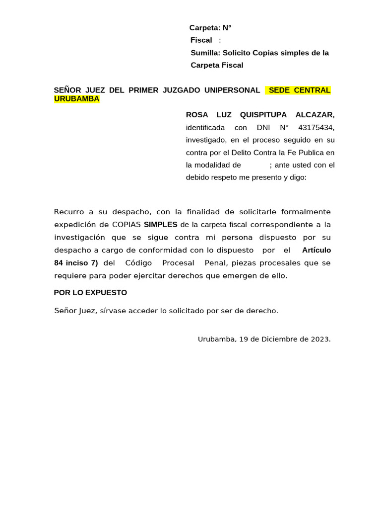 Escrito Solicito Copias Simples de Carpeta Fiscal | PDF