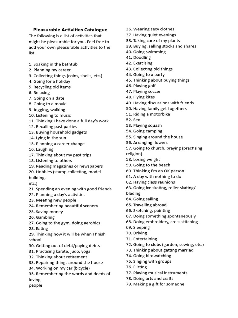 Pleasurable Activities Catalogue | PDF