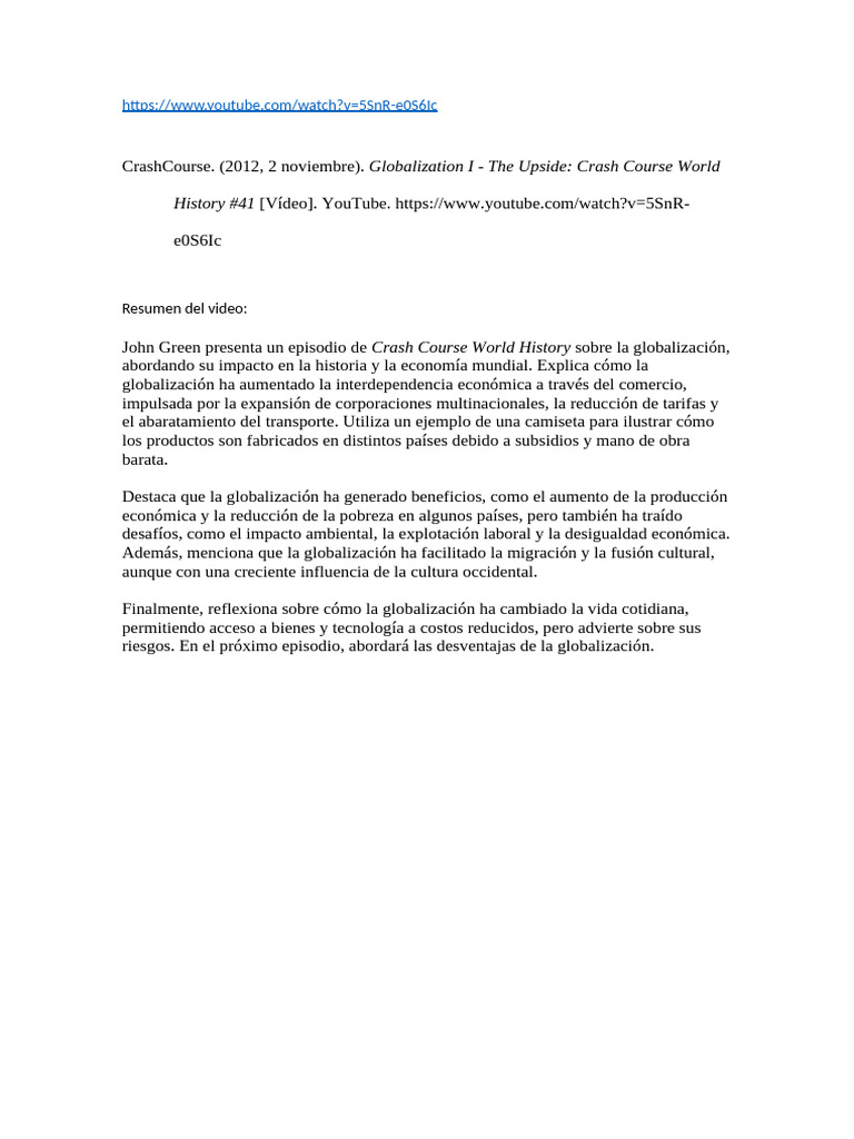 Resumen Video - Globalization I - The Upside Crash Course | PDF