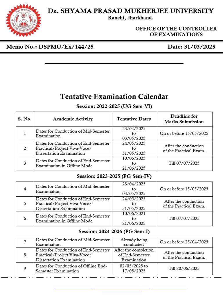 DSPMU Examination Calendar 2025 | PDF | Academia | Higher Education