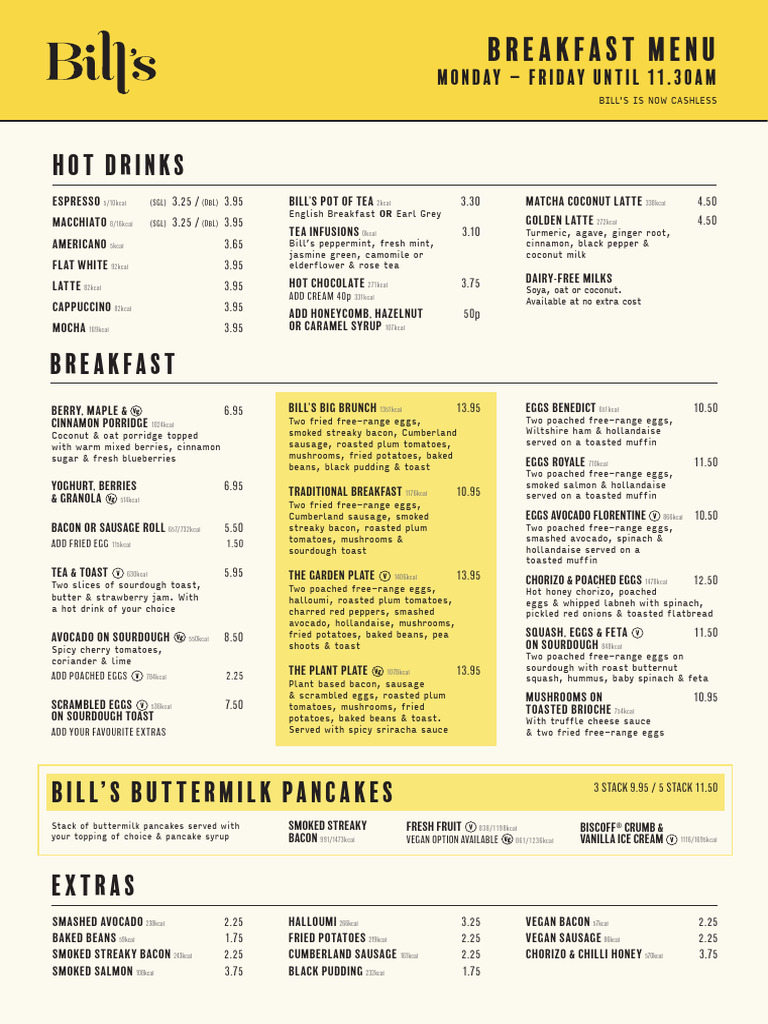 A4 Bills Breakfast Menu 070125 LDN | PDF | Pancake | Lemonade